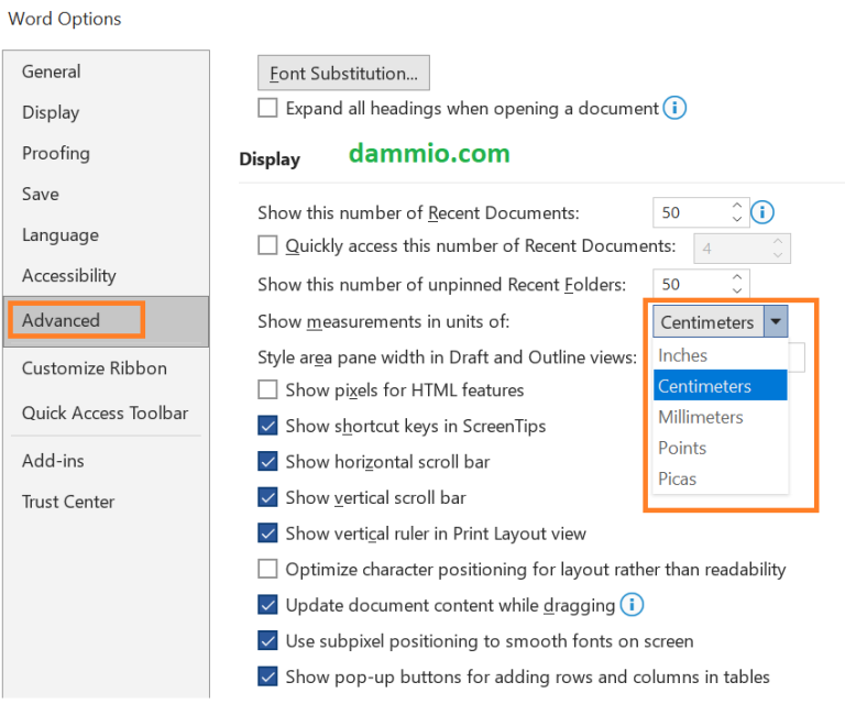 Chuyển đổi các đơn vị đo lường (inch, cm, mm) trong Microsoft Word | DAMMIO